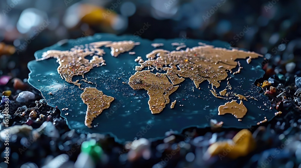 World map made of plastic, surrounded by microplastics, representing ...