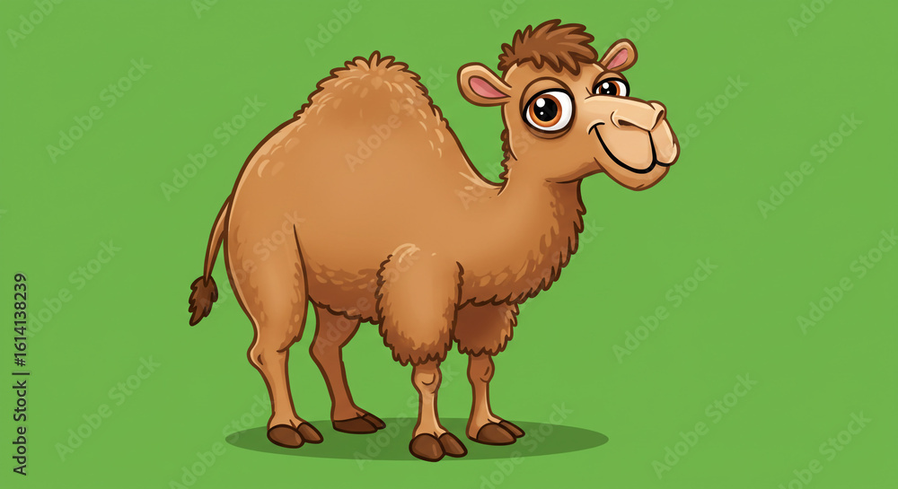 Cartoon camel standing with a smile on a green background in a full ...