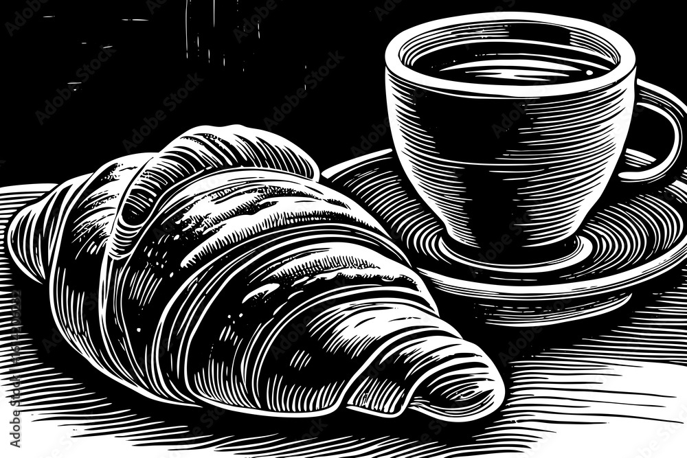 French croissant with flaky layers, butter details, coffee pairing ...
