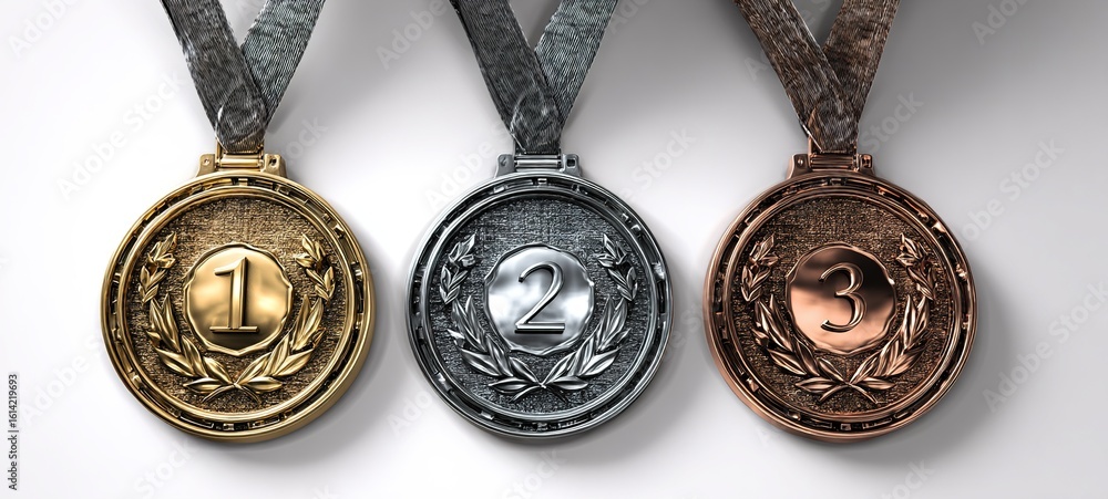ภาพถ่าย Stock Gold, silver, and bronze medals with numbers 1, 2, and 3 ...