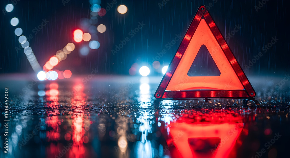 Roadside Hazard Alert: Warning Triangle in a Nighttime Rain Flood Stock ...