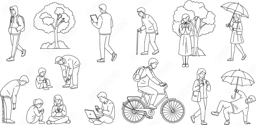 CAD Drawings. Set people outlines isolated on white background. Sitting ...