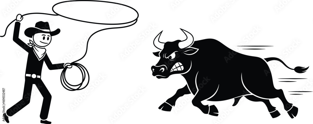 Cowboy with lasso chasing angry bull vector illustration rodeo ...
