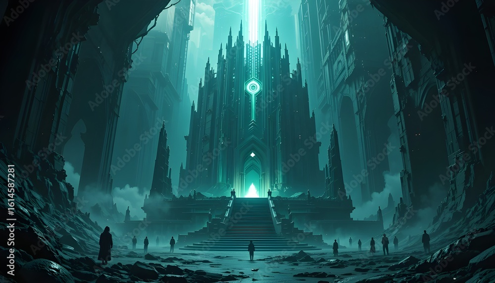 "Ancient alien temple buried beneath a futuristic megacity, pulsing ...