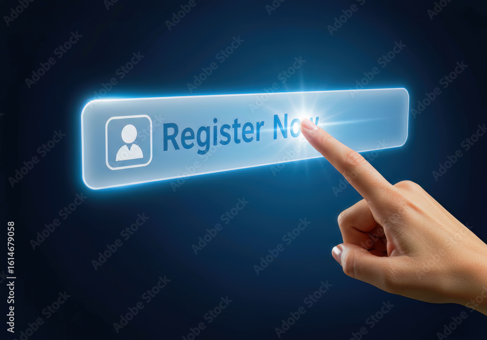 Human hand interactively pressing a glowing blue 'Register Now' button ...