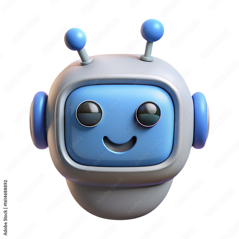 A plastic 3D style chatbot face icon – friendly robot head with smiling ...