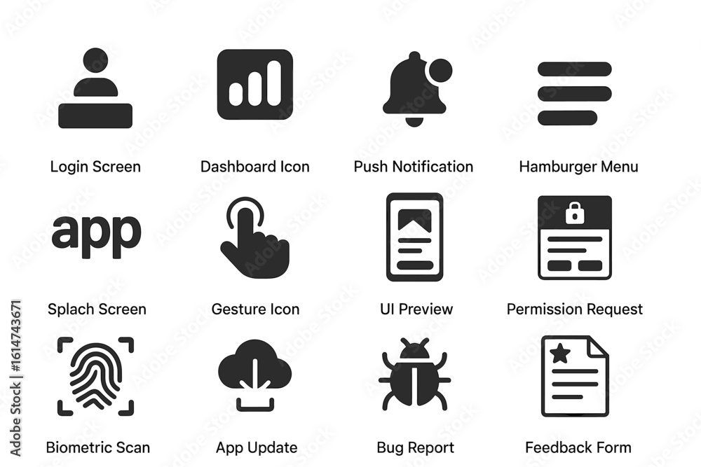 Mobile app ui icons: gesture, notification, dashboard, and more Stock ...