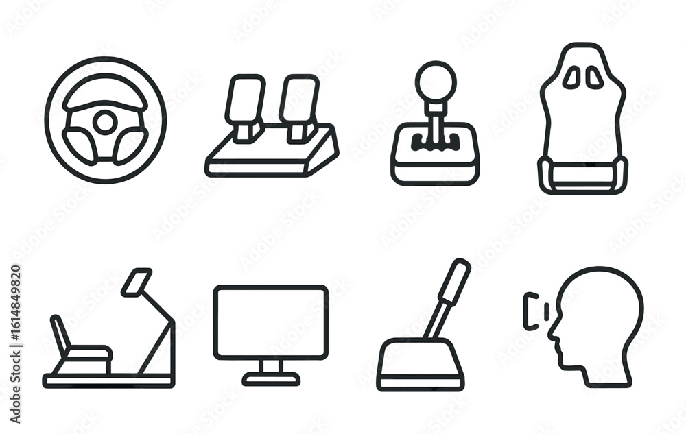 Racing Simulator Gear Icons. Outline icon set of racing simulator gear ...