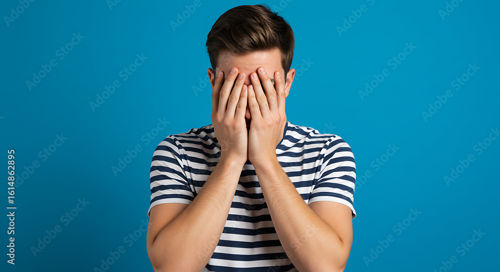Desperate young man covering his face with hands in shame and despair ...