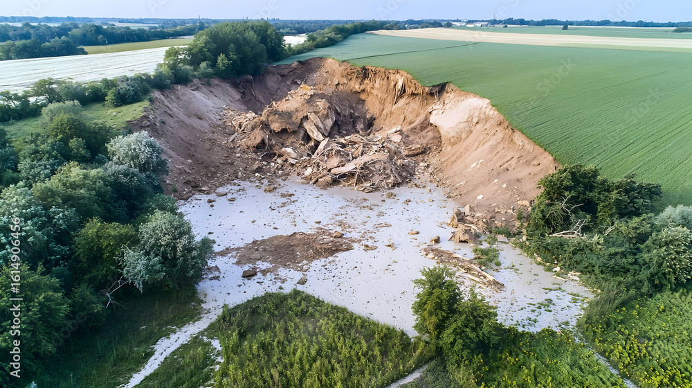 Large-scale land slide in agricultural field. Debris filled ravine ...
