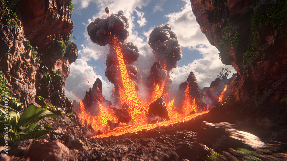 ภาพประกอบ Stock Volcanic eruption in a rocky canyon. Lava flows, plumes ...