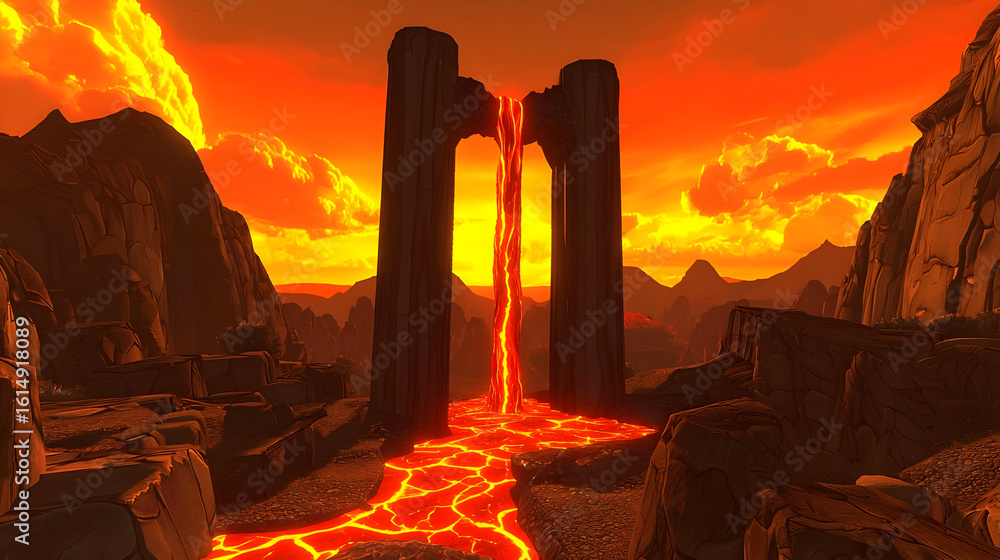 Stock-Illustration „Molten lava flows between two ancient, dark pillars ...