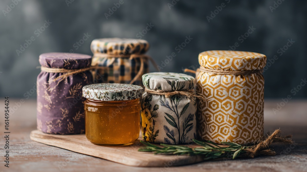 Beeswax wrap covering jam jars, eco-friendly packaging theme ...