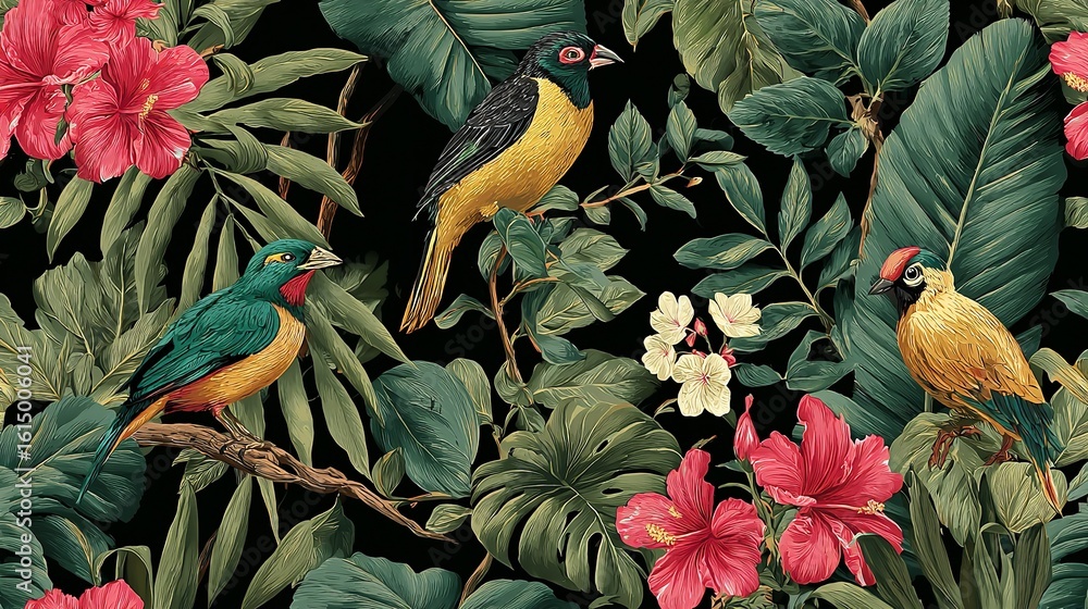 Ilustração A vibrant tropical pattern featuring birds hibiscus flowers ...