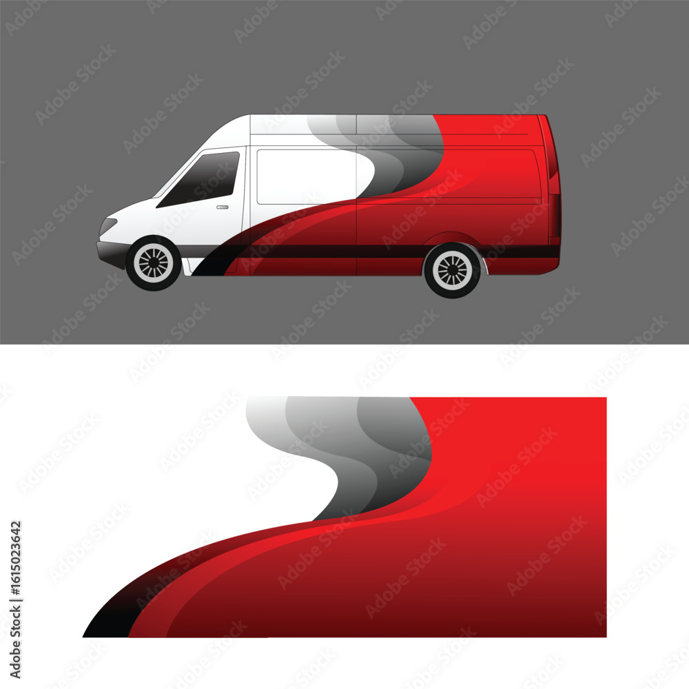 Modern van livery design with red, black, and white flowing curves ...