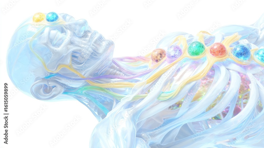 Surreal Chakra Anatomy Art, vibrant glowing orbs representing the seven ...