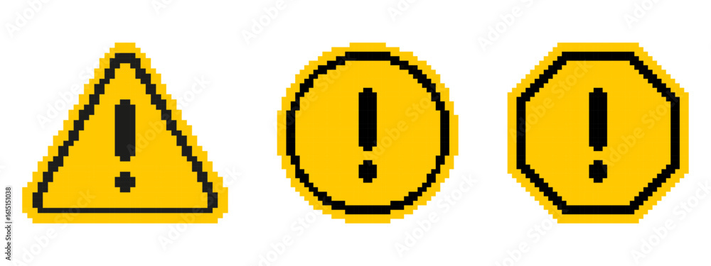 Set of Warning Sign templates in pixel art style. Yellow and black ...