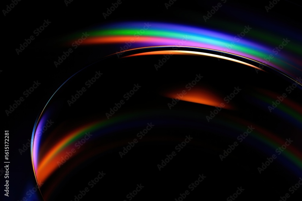 Abstract macro of light refraction creating rainbow arcs on dark ...