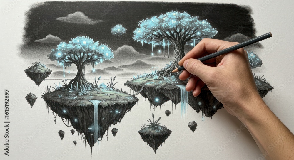 Envisioning ethereal realms: artist creating surreal floating island ...