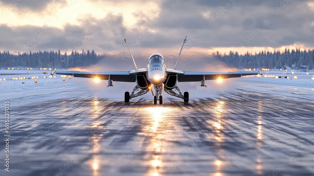 Fighter jet taking off on snowy with mist and afterburner flare ...