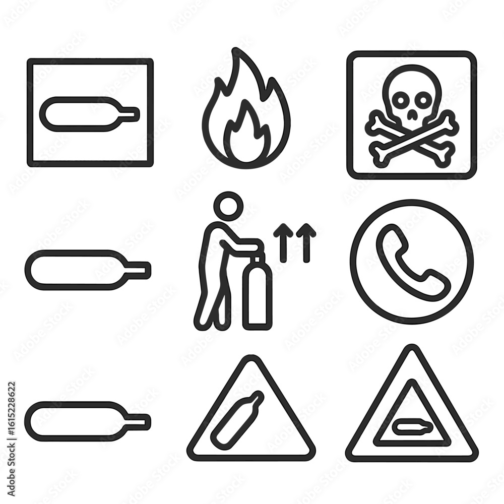 Gas Cylinder Hazard Icons. Line style icons of Gas Cylinder Signage ...