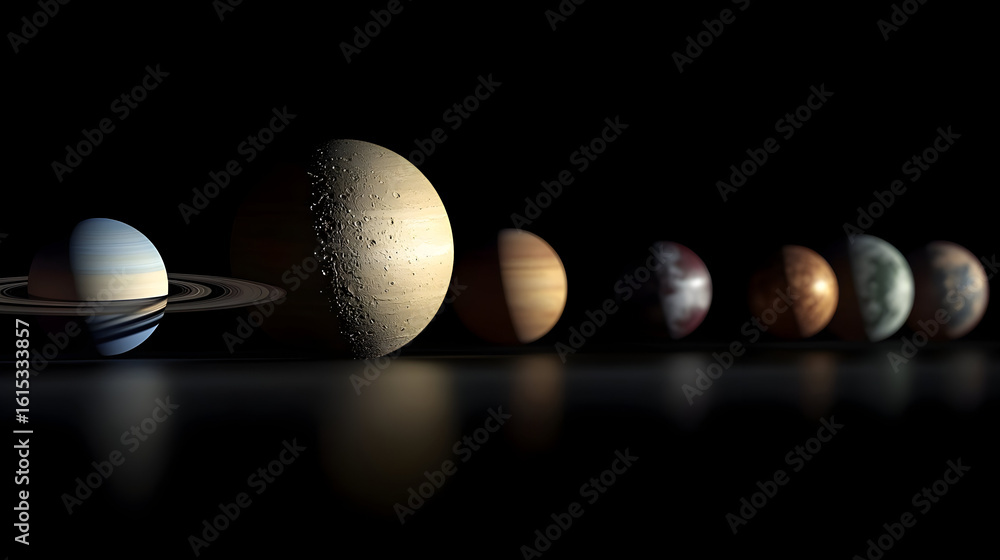 Solar system planets in a row against a dark backdrop, with reflections ...