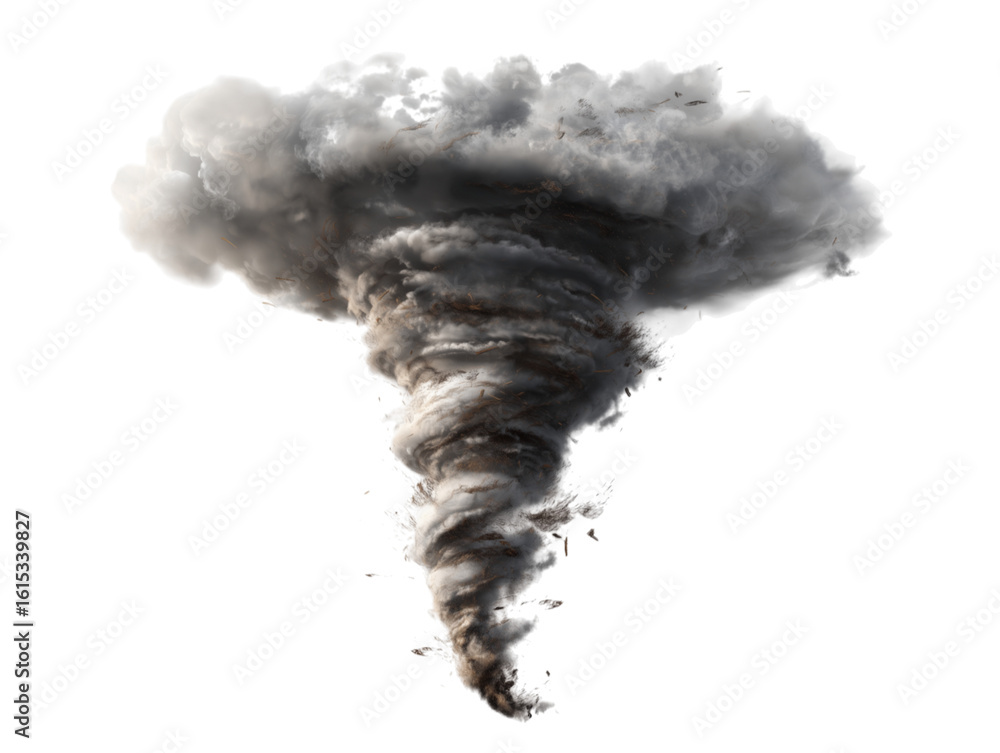 A dramatic, swirling tornado is shown, featuring a funnel-shaped vortex ...