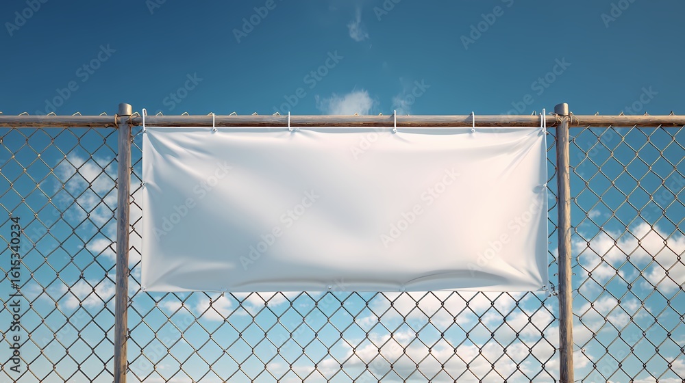 Blank white vinyl banner hanging on a chain link fence under blue sky ...