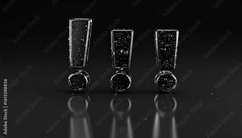 Reflections of glass exclamation marks with water droplets on a sleek ...