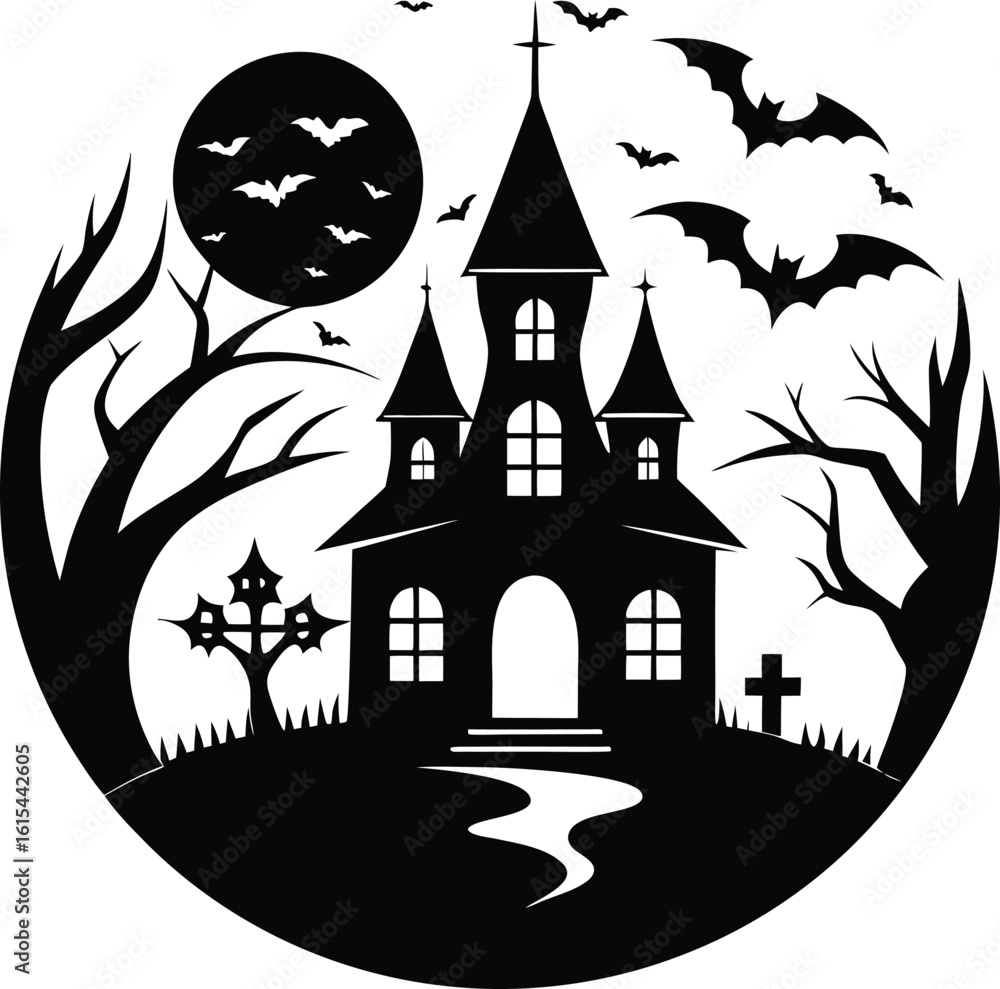 Vector illustration of spooky haunted house with bats and moon Stock ...