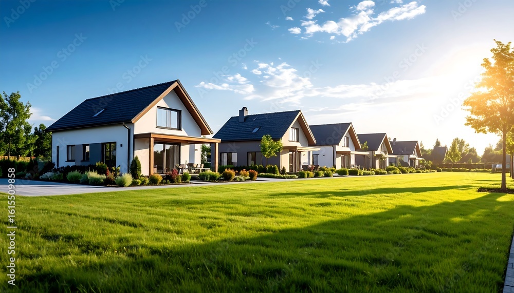 Row of modern homes in a sunny meadow Stock Photo | Adobe Stock