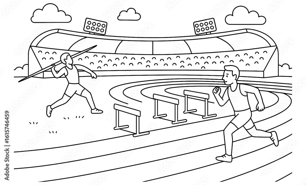Track and field competition in linear art style featuring javelin ...