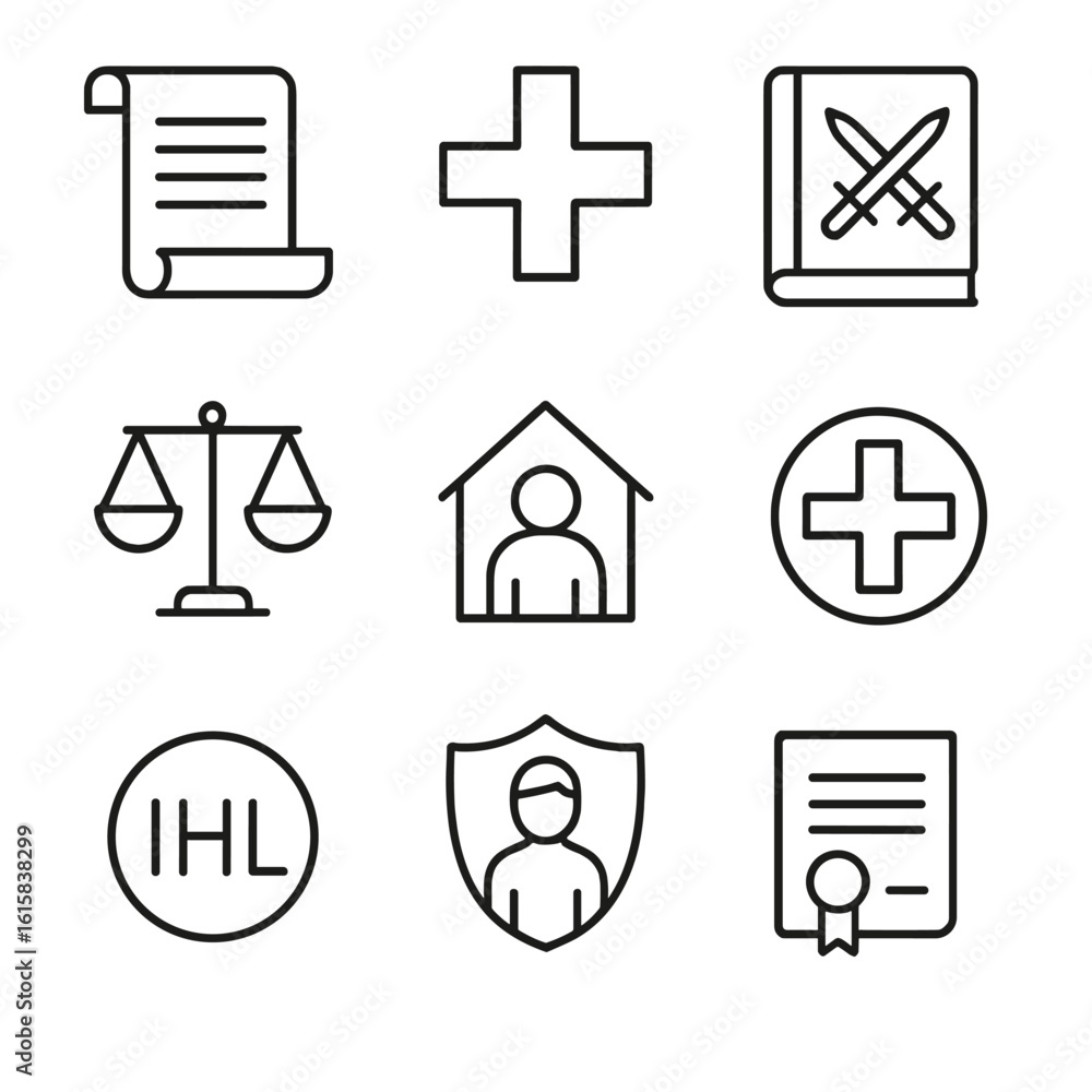 Stock-Vektorgrafik „Humanitarian Law Icons. Line style icons of ...