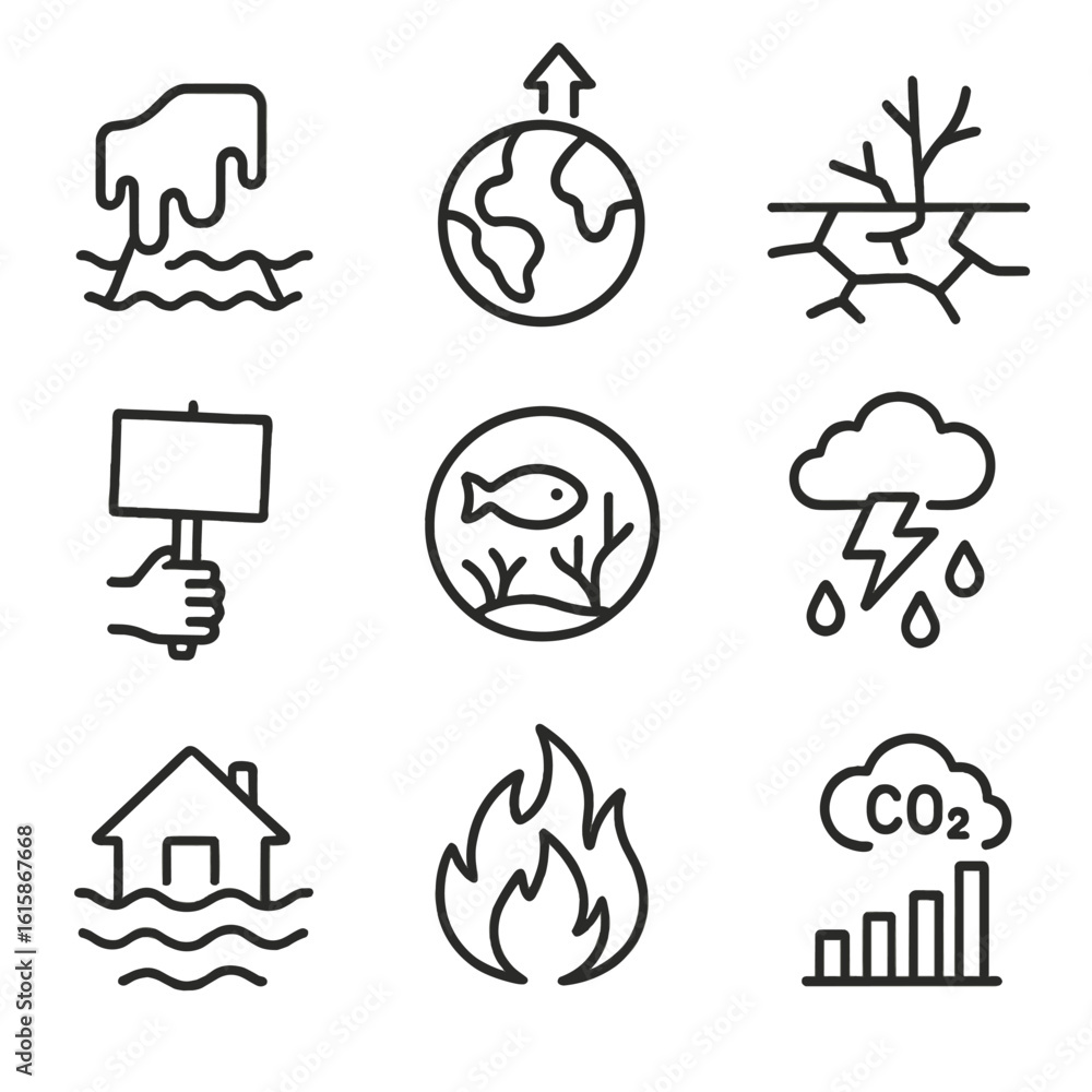Stock-Vektorgrafik „Climate Change Icons. Line style icons of climate ...
