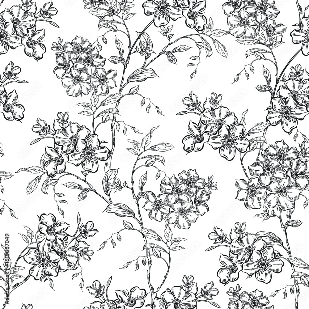 Vintage Toile de Jouy Pattern with Blue Roses and Swallows. Seamless ...