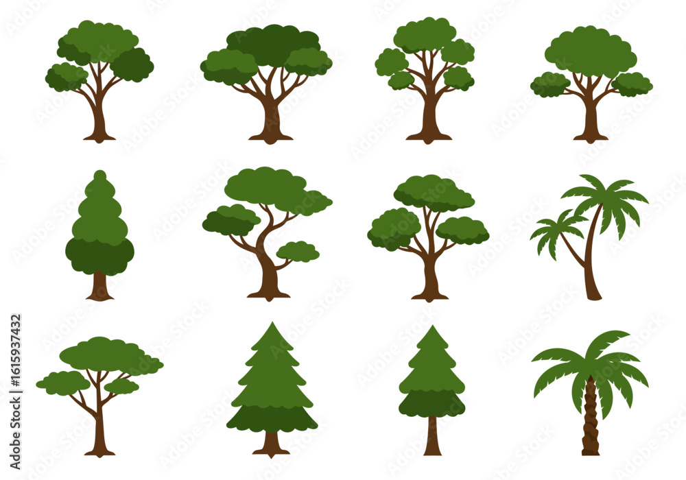 Twelve assorted cartoon trees with various shapes and foliage displayed ...