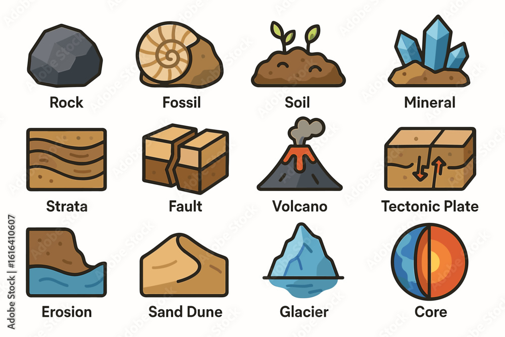 Geological icons: rock, fossil, soil, mineral, strata, fault, volcano ...
