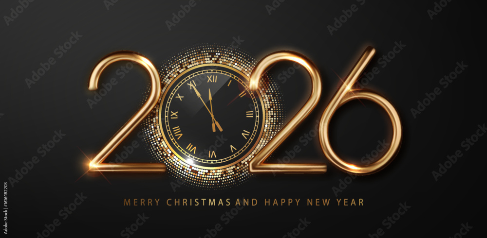 2026 Happy New Year countdown with golden clock and glitter. Shiny ...