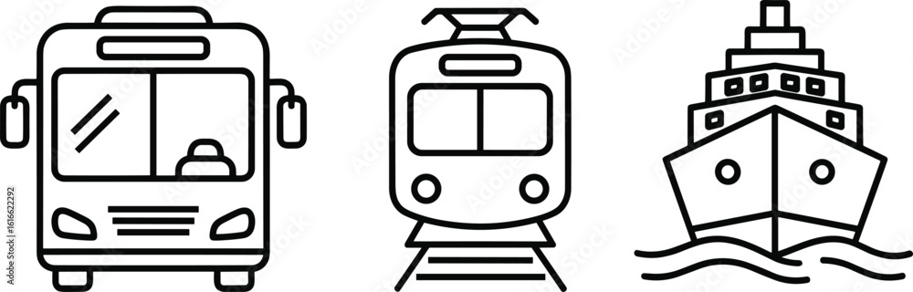 Transport mode icons vector set — front view of bus, train, ship in ...