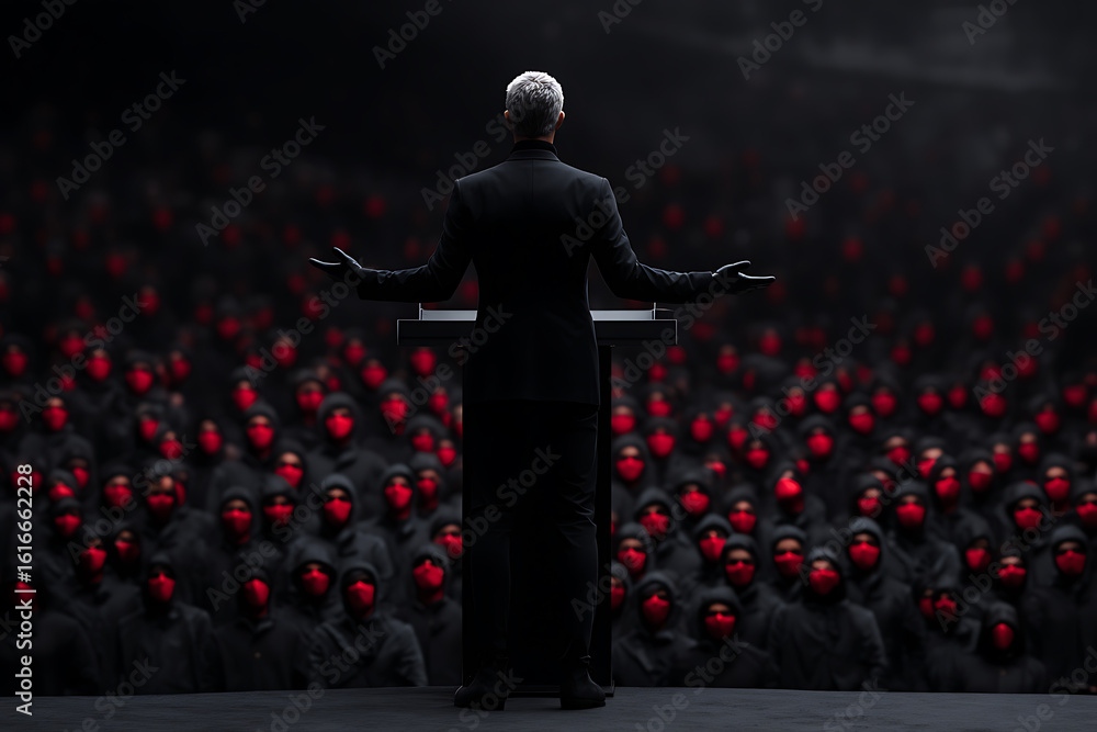 political rally, the politician is delivering a speech with a crowd of ...