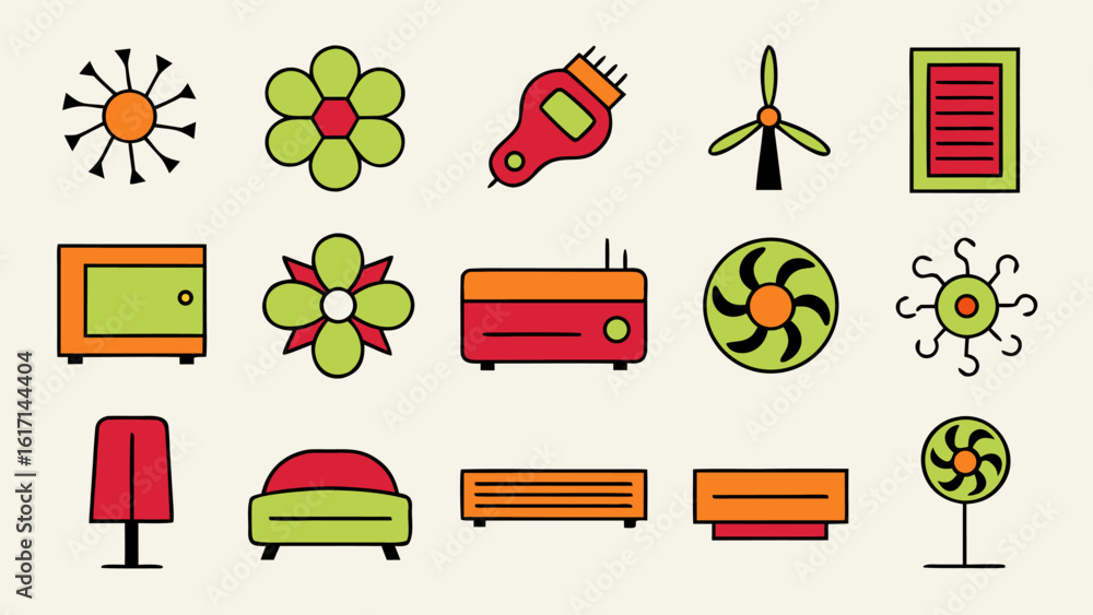 Comprehensive collection of air conditioning symbols featuring cooling ...