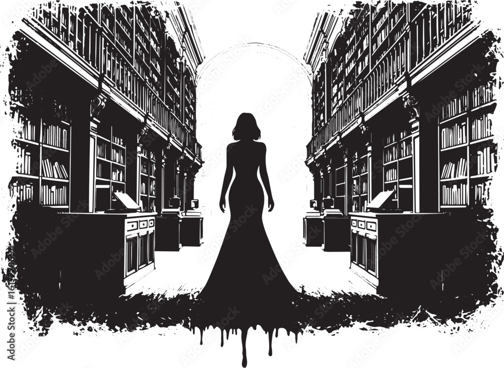 Silhouette of woman walking through grand library corridor in mo Stock ...