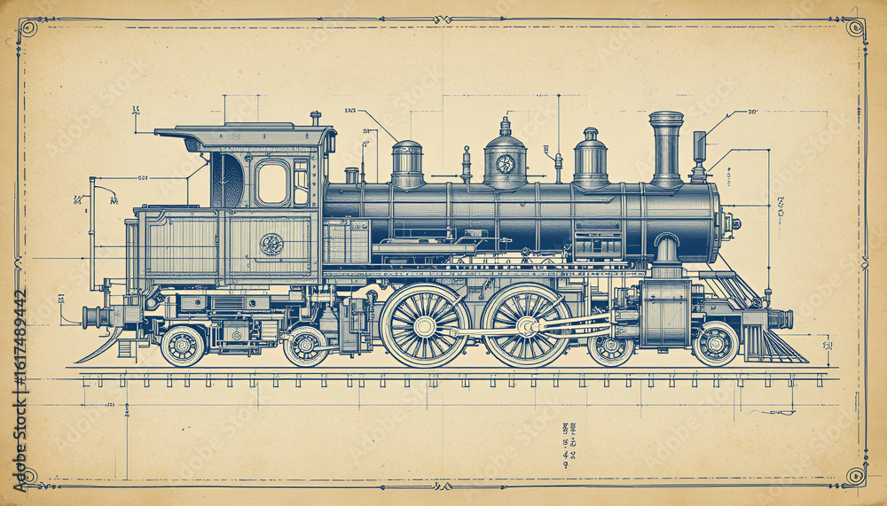 Vintage steam locomotive blueprint showcasing technical details and ...