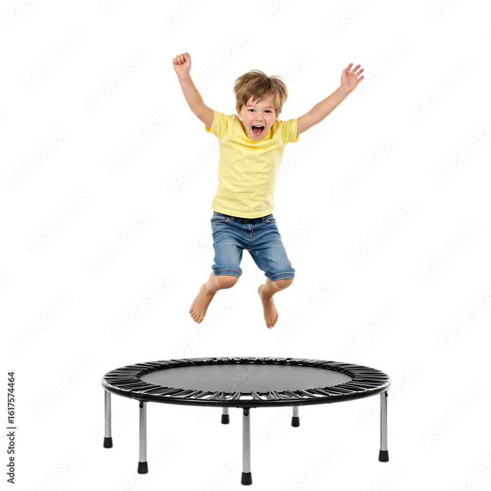 Happy young boy jumping on a mini trampoline isolated on transparent ...
