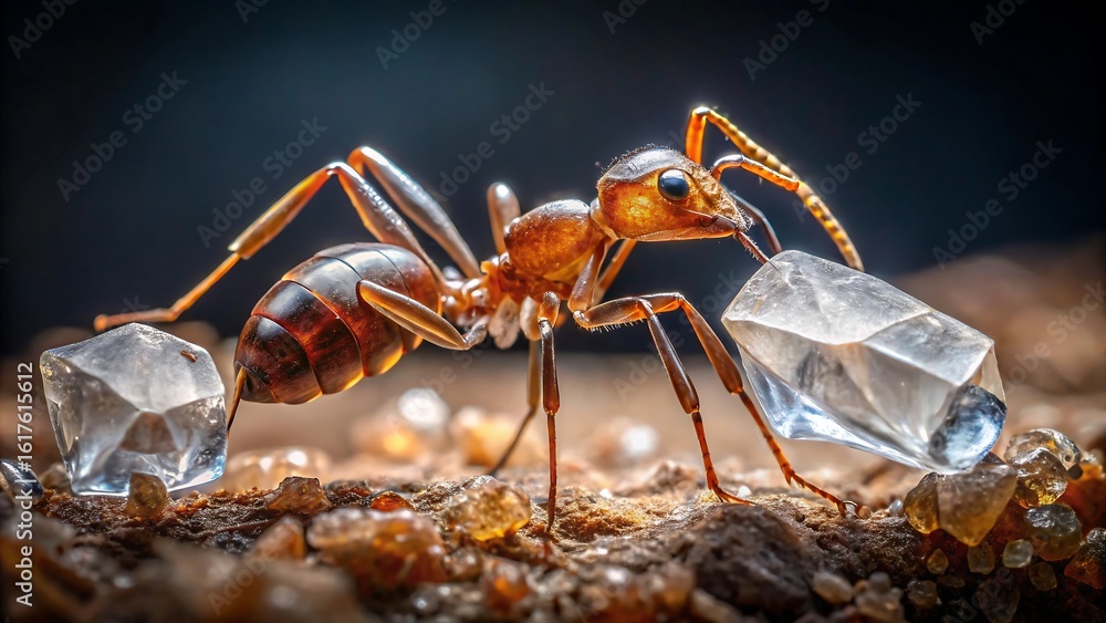 Macro photograph of an ant carrying two large sparkling crystals in a ...