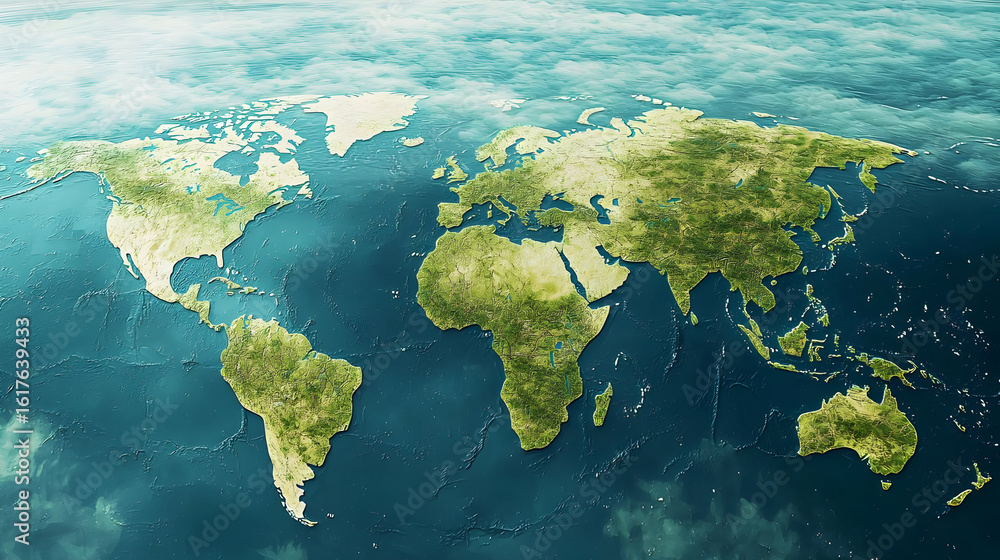 Global topographic map, showing continents, oceans, and landforms ...