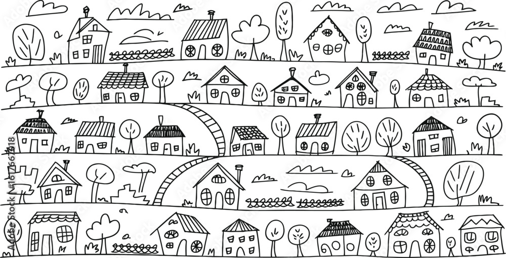 Doodle Town Map with Buildings and Roads Stock Vector | Adobe Stock