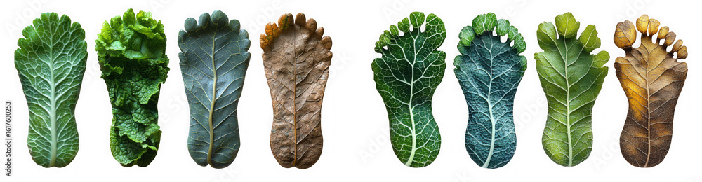 A creative arrangement of kale leaves shaped like human feet on a ...