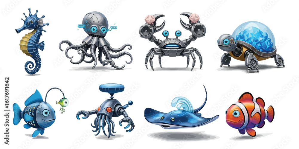 Group of underwater-themed robot animals with soft round shapes, chrome ...