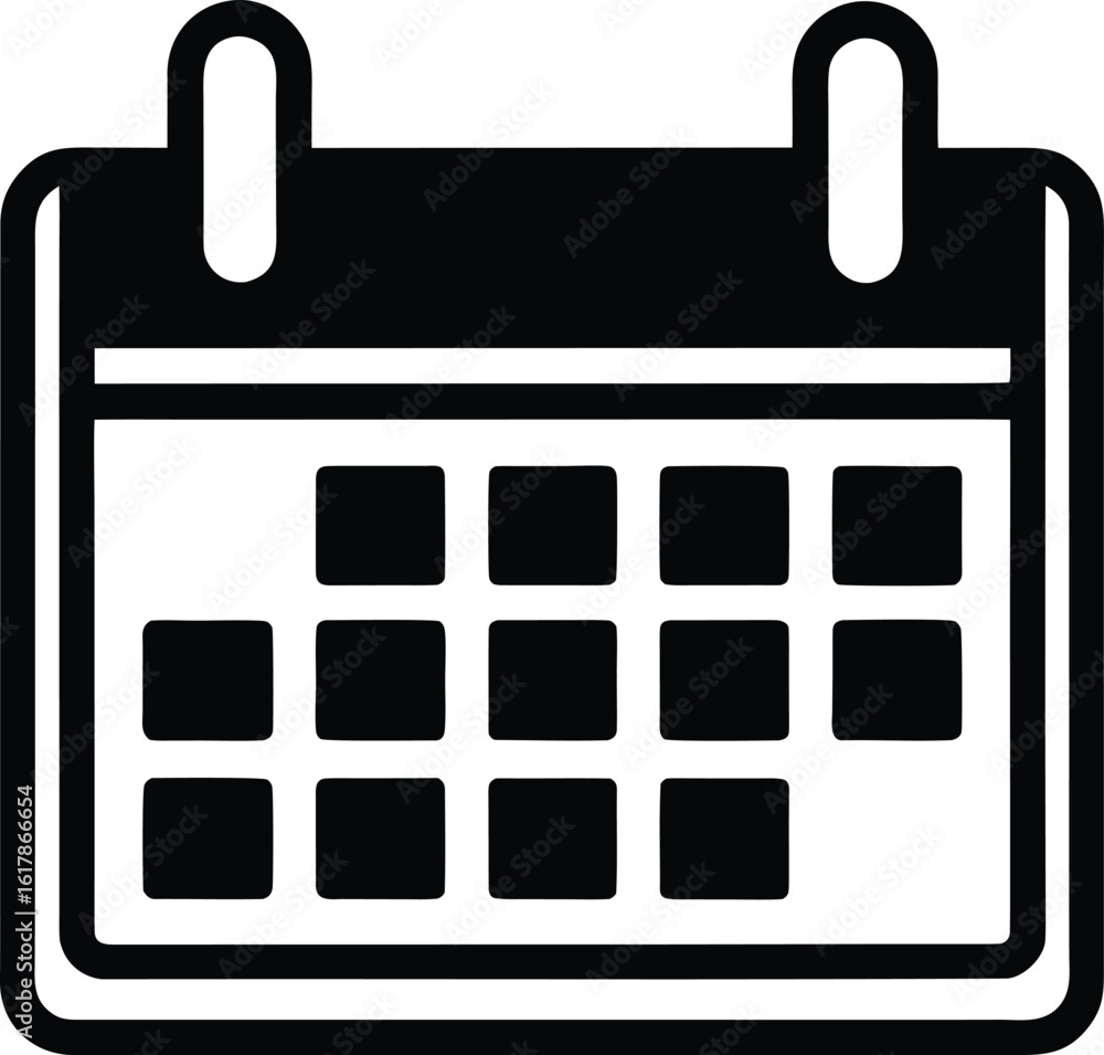 Black and white simple icon of a calendar with rounded corners date ...